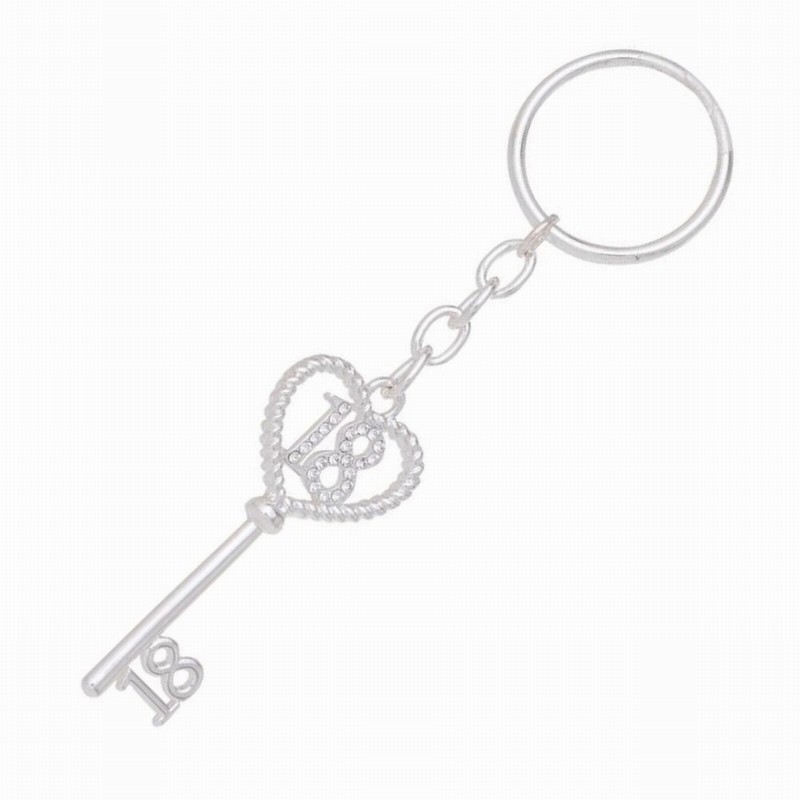 Silver Birthday Key Keepsake Keyring with Diamante Detail - 18th